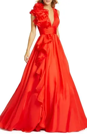 Mac Duggal Ruffle Shoulder V-neck Chiffon Gown - Cherry