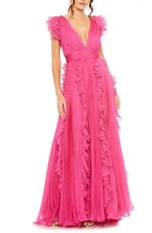 Mac Duggal Pleated Ruffle Cap Sleeve Flowy A Line Gown - Fuchsia