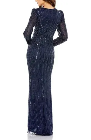 Mac Duggal Embellished Puff Sleeve Side Knot Gown - Navy