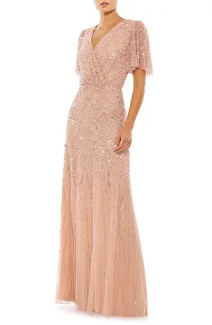 Mac Duggal Embellished Flutter Sleeve Gown Nude