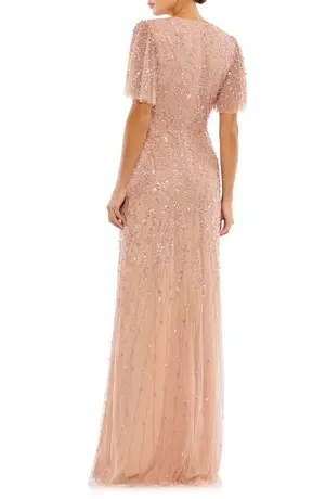 Mac Duggal Embellished Flutter Sleeve Gown - Nude