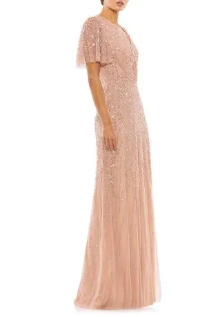 Mac Duggal Embellished Flutter Sleeve Gown - Nude