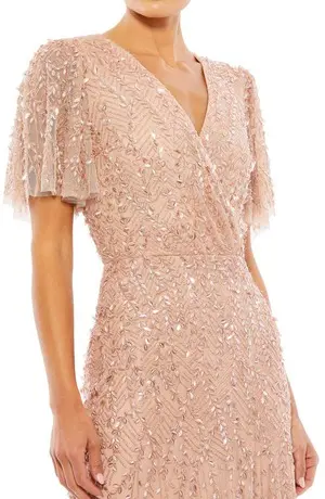 Mac Duggal Embellished Flutter Sleeve Gown - Nude