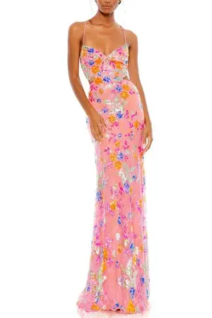 Mac Duggal Embellished Lace Strappy Column Gown