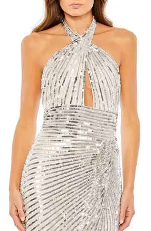 Mac Duggal Embellished Halter Gown - Nude Silver