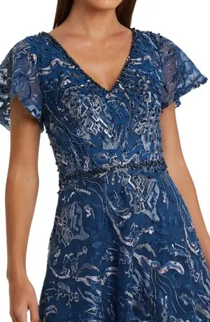 Mac Duggal Embellished Illusion Butterfly Sleeve A-line Gown - Navy