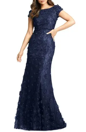 Mac Duggal Floral Appliqué Boat Neck Gown - Midnight