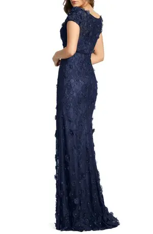 Mac Duggal Floral Appliqué Boat Neck Gown - Midnight