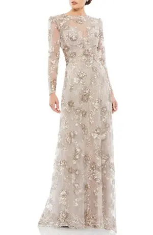 Mac Duggal Floral Embroidered Illusion Long Sleeve Gown