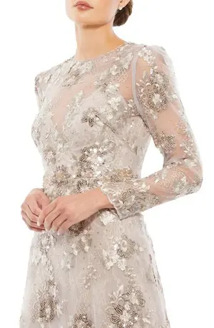 Mac Duggal Floral Embroidered Illusion Long Sleeve Gown