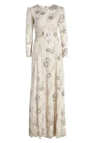 Mac Duggal Floral Embroidered Illusion Long Sleeve Gown