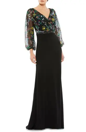 Mac Duggal Embroidered Illusion Puff Sleeve Column Gown - Black/multi