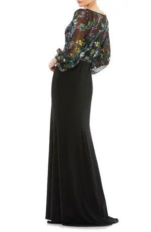 Mac Duggal Embroidered Illusion Puff Sleeve Column Gown - Black/multi