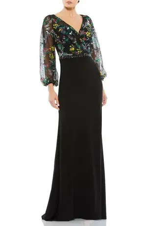 Mac Duggal Embroidered Illusion Puff Sleeve Column Gown - Black/multi