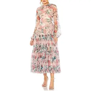 Mac Duggal Long Sleeve Midi Dress - White Multi