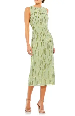Mac Duggal Abstract Beaded Sleeveless Midi Sheath Dress - Sage