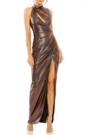 Mac Duggal High Neck Halter Gown - Mocha
