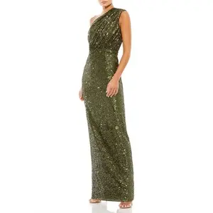 Mac Duggal Sequin One Shoulder Evening Gown - Olive