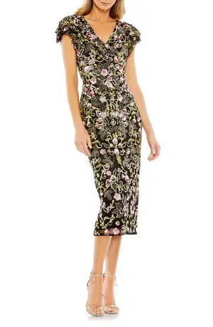 Mac Duggal Floral Embellished Flutter Cap Sleeve Dress - Black Multi