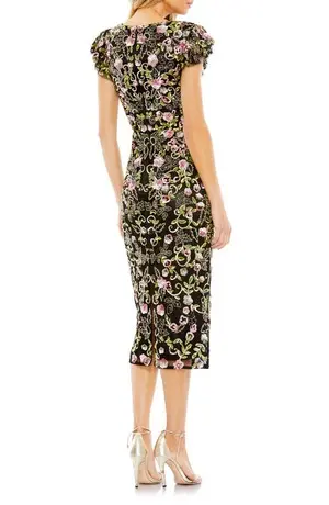 Mac Duggal Floral Embellished Flutter Cap Sleeve Dress - Black Multi