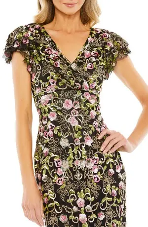Mac Duggal Floral Embellished Flutter Cap Sleeve Dress - Black Multi
