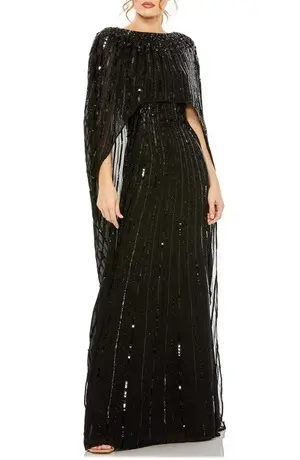 Mac Duggal Embellished Column Cape Gown - Black