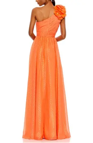 Mac Duggal One-shoulder Polka Dot Chiffon Gown With Ruffle Detail - Tangerine