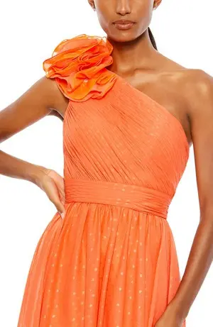 Mac Duggal One-shoulder Polka Dot Chiffon Gown With Ruffle Detail - Tangerine