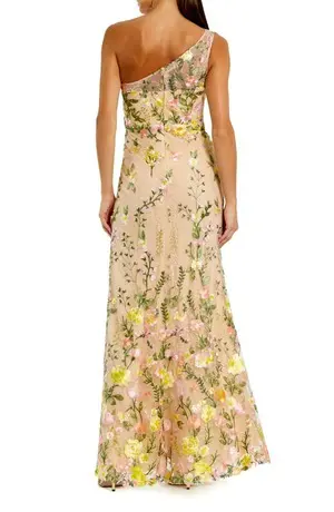 Mac Duggal One-shoulder Embroidered Lace Gown - Yellow Multi