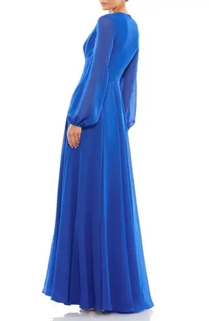 Mac Duggal V-neck Illusion Long Sleeve Chiffon Gown - Royal Blue
