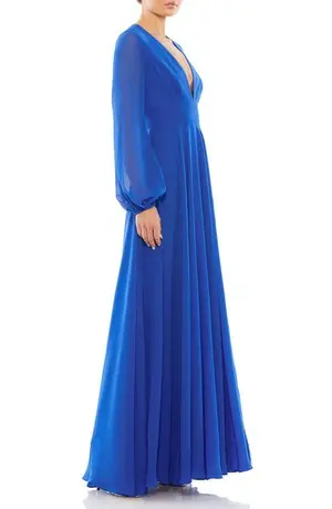 Mac Duggal V-neck Illusion Long Sleeve Chiffon Gown - Royal Blue