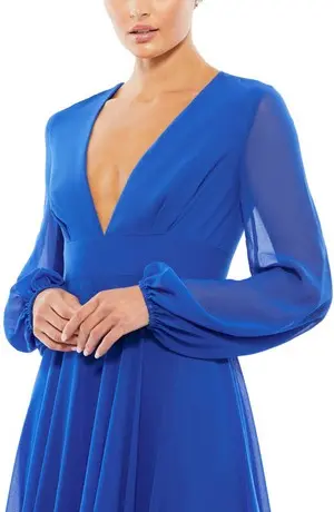 Mac Duggal V-neck Illusion Long Sleeve Chiffon Gown - Royal Blue