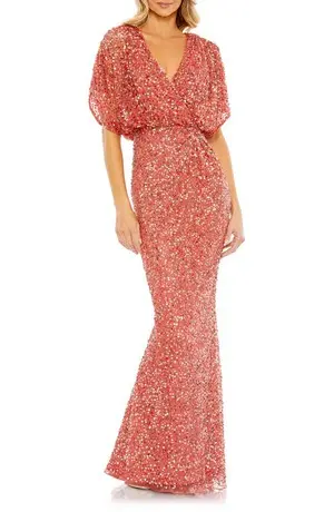 Mac Duggal Draped Sleeve Sequin V-neck Gown - Paprika