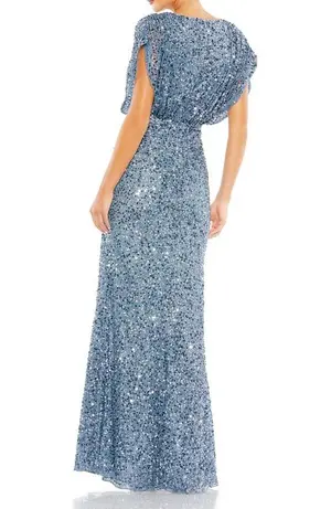 Mac Duggal Draped Sleeve Sequin Gown - Slate Blue