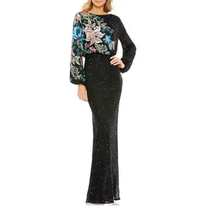 Mac Duggal High Neck Floral Sequin Gown - Black Multi