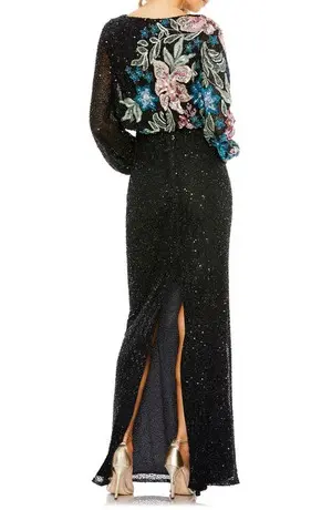 Mac Duggal High Neck Floral Sequin Gown - Black Multi