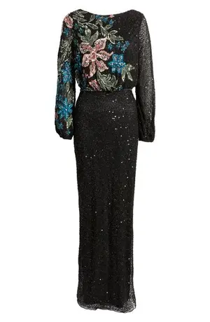 Mac Duggal High Neck Floral Sequin Gown - Black Multi