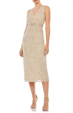Mac Duggal Sleeveless V-neck Sequined Midi Sheath Dress - Beige