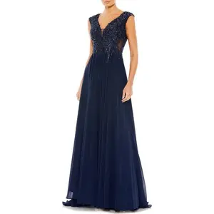 Mac Duggal Floral Appliqué Cap Sleeve Gown - Navy