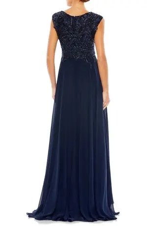 Mac Duggal Floral Appliqué Cap Sleeve Gown - Navy
