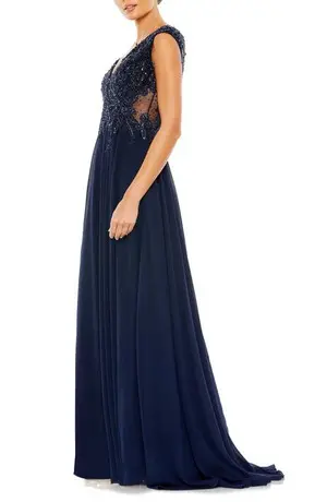 Mac Duggal Floral Appliqué Cap Sleeve Gown - Navy