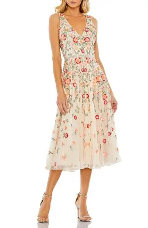 Mac Duggal V-neck Sleeveless Floral Beaded A-line Midi Dress - Nude Multi