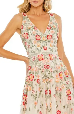 Mac Duggal V-neck Sleeveless Floral Beaded A-line Midi Dress - Nude Multi