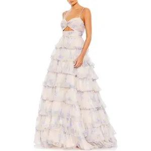 Mac Duggal Floral Cut Out Ruffle Layered Gown - Violet Multi