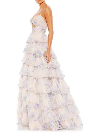 Mac Duggal Floral Cut Out Ruffle Layered Gown - Violet Multi