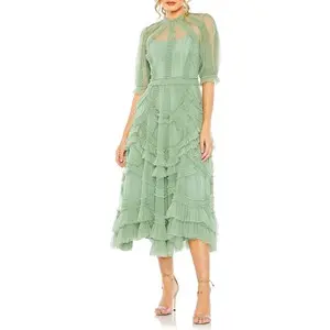 Mac Duggal High Neck Puff Sleeve Ruffle Tiered Dress - Jade
