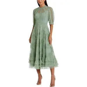 Mac Duggal High Neck Puff Sleeve Ruffle Tiered Dress - Jade