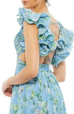 Mac Duggal Ruffle Tiered Floral Cut-out Chiffon Gown - Blue Multi