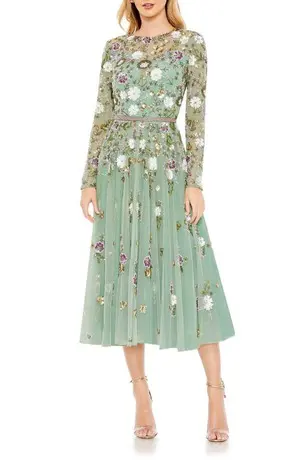 Mac Duggal Sequined Floral High Neck Midi Dress - Sage Multi