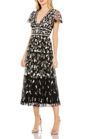 Mac Duggal Embroidered V-neck Midi Dress - Black Multi